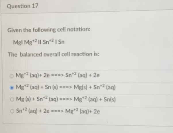 Solved Question 17 Given the following cell notation: Mgl | Chegg.com