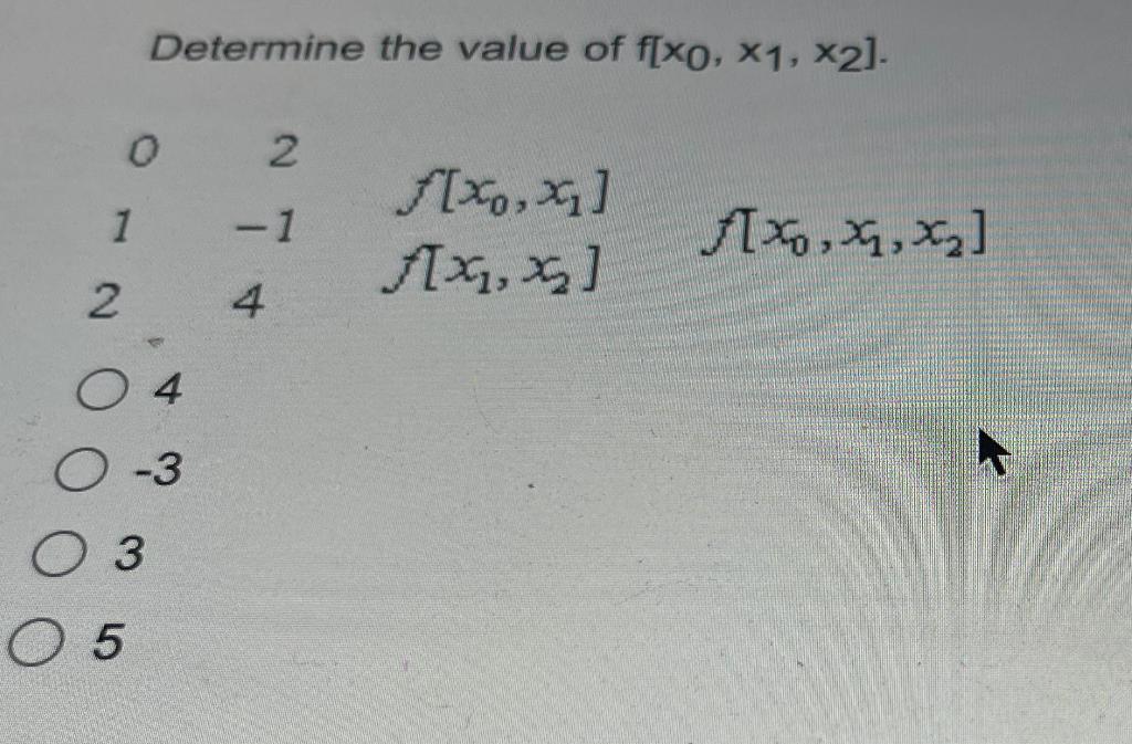 Solved 1 2 Determine the value of f[x0, x1, x2]- 0 2 f[xo, | Chegg.com