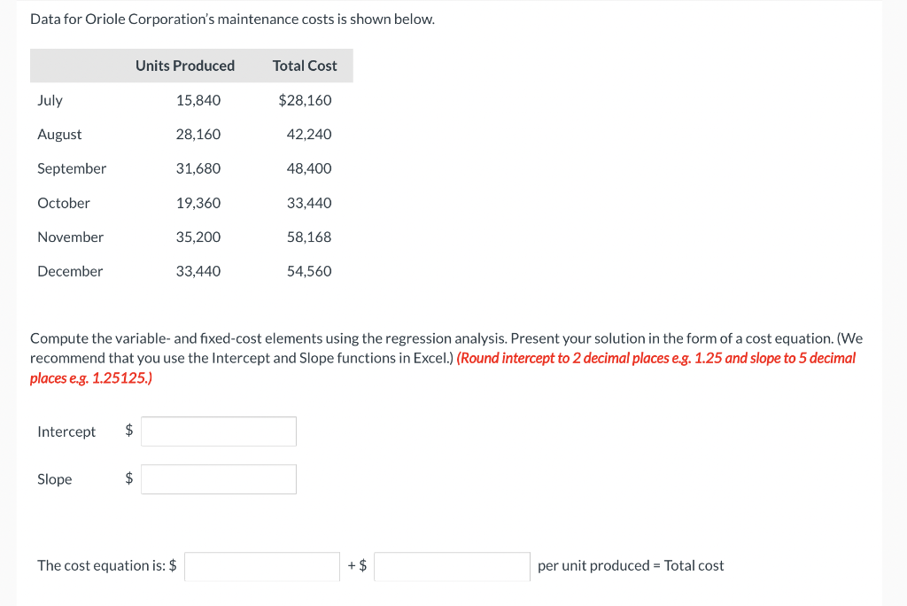 Solved Data for Oriole Corporation's maintenance costs is | Chegg.com