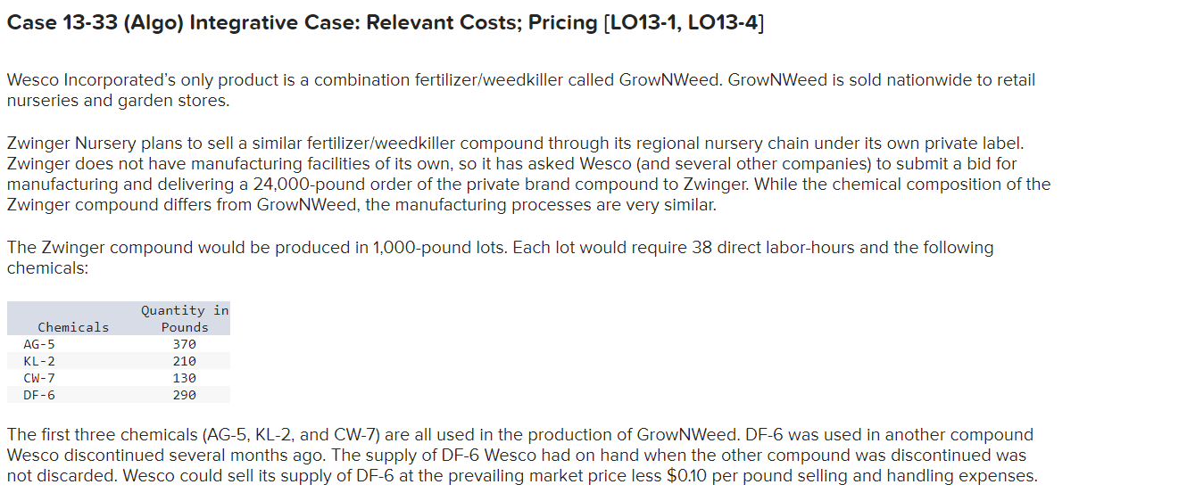Solved Case 13-33 (Algo) Integrative Case: Relevant Costs; | Chegg.com