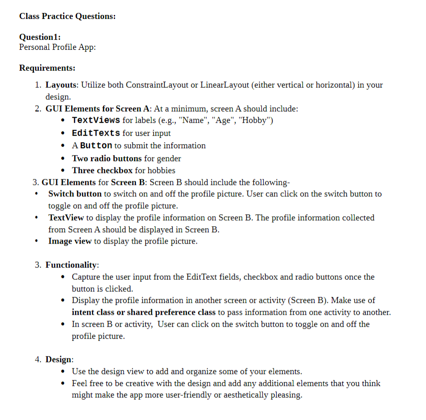 Solved Requirements: 1. Layouts: Utilize both | Chegg.com
