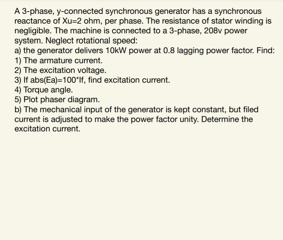 Solved A 3-phase, y-connected synchronous generator has a | Chegg.com