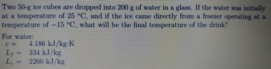 Solved Two 50-g ice cubes are dropped into 200 g of water in | Chegg.com