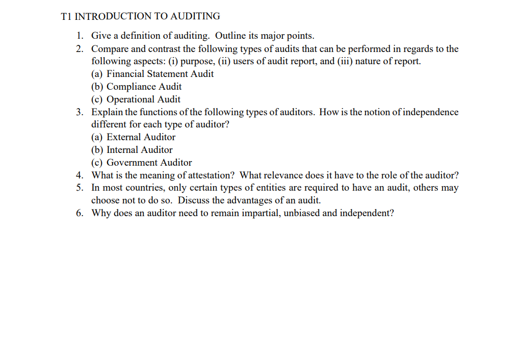 1. Give a definition of auditing. Outline its major | Chegg.com