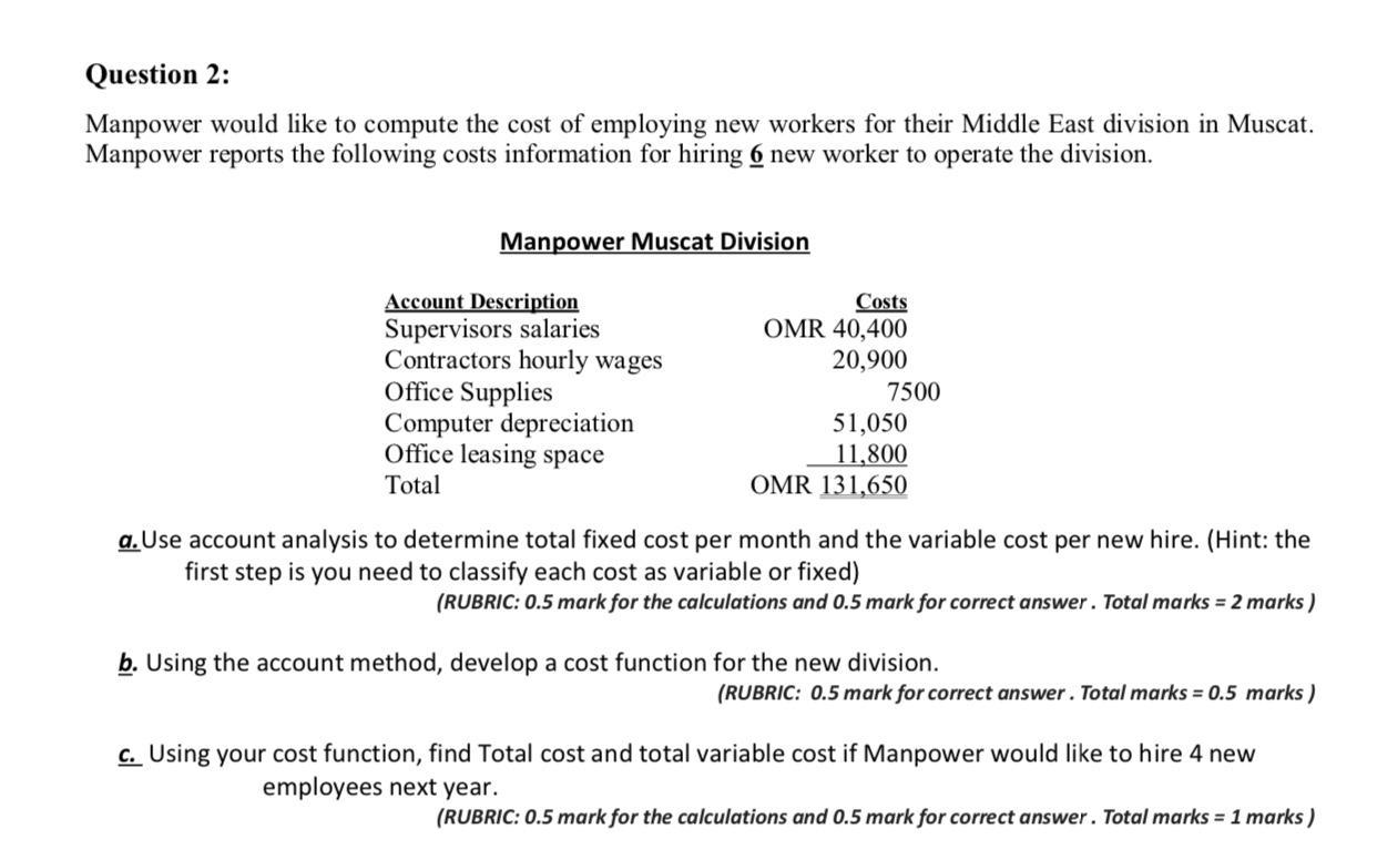 Solved Question 2: Manpower would like to compute the cost | Chegg.com