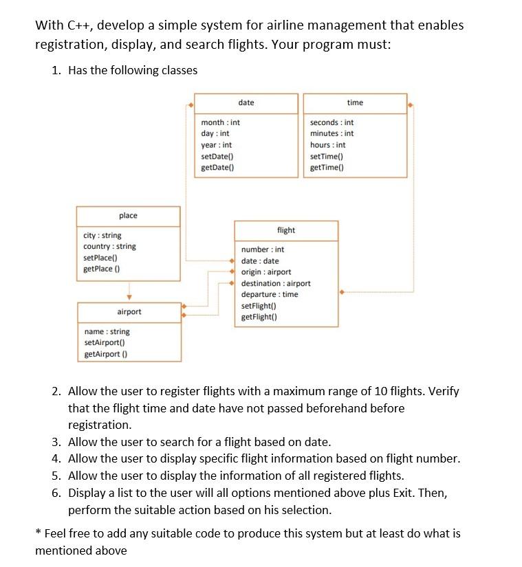 Solved With C++, develop a simple system for airline | Chegg.com
