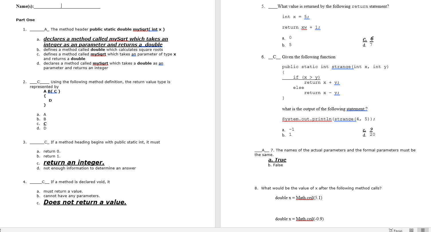 Solved Name(s):__ 5. What value is returned by the following | Chegg.com