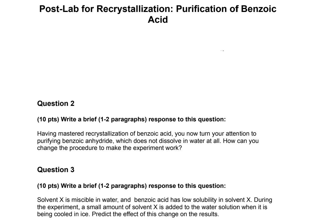 Solved Post-Lab for Recrystallization: Purification of | Chegg.com