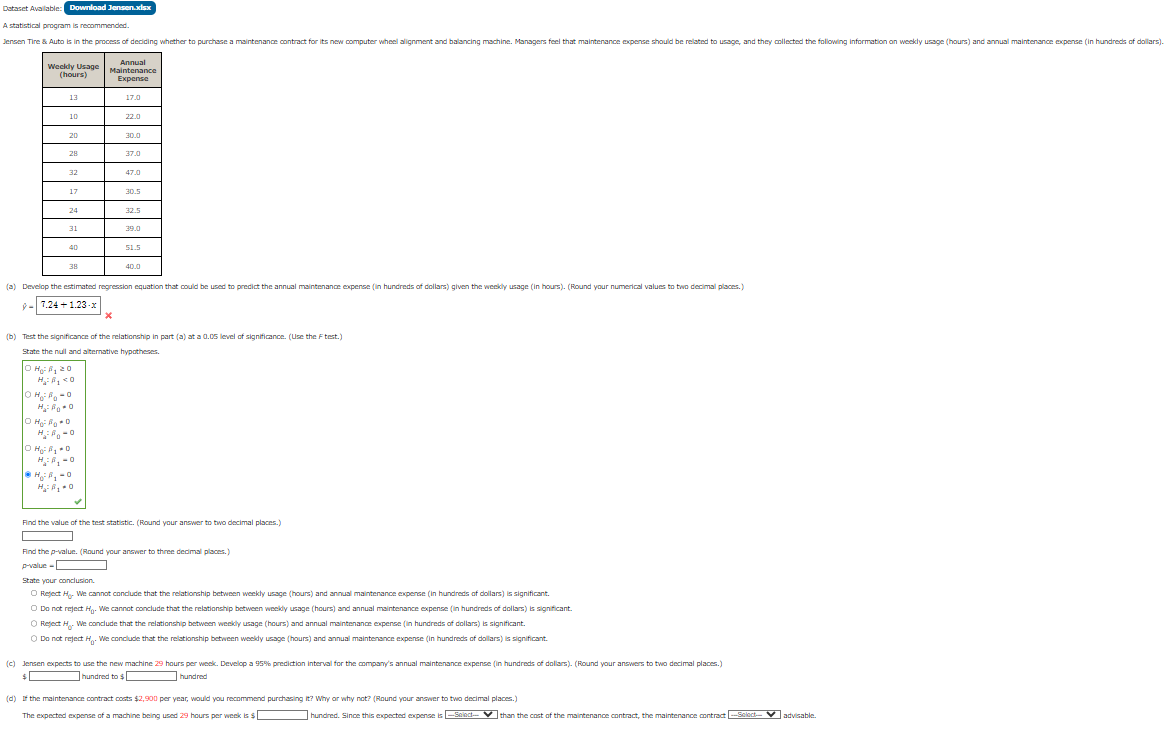 Solved y^−7.24+1.23⋅x (b) Test the significance of the | Chegg.com
