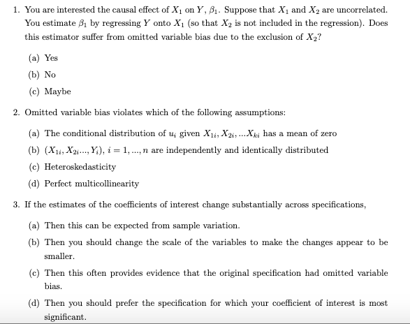 Solved 1. You are interested the causal effect of X1 on Y, | Chegg.com