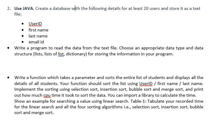 Solved 2. Use JAVA. Create a database with the following | Chegg.com