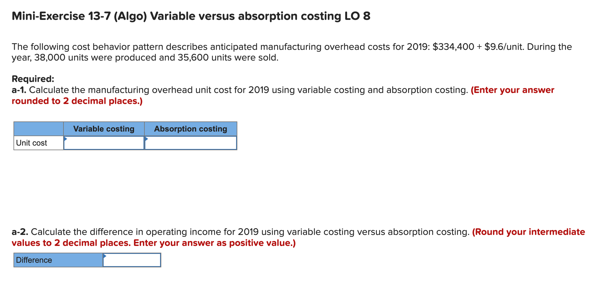 Solved Mini-Exercise 13-7 (Algo) Variable versus absorption | Chegg.com