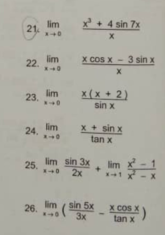 Solved lim x* + 4 sin 7x lim x cos x 3 sin x 22. lim x(x 2 | Chegg.com