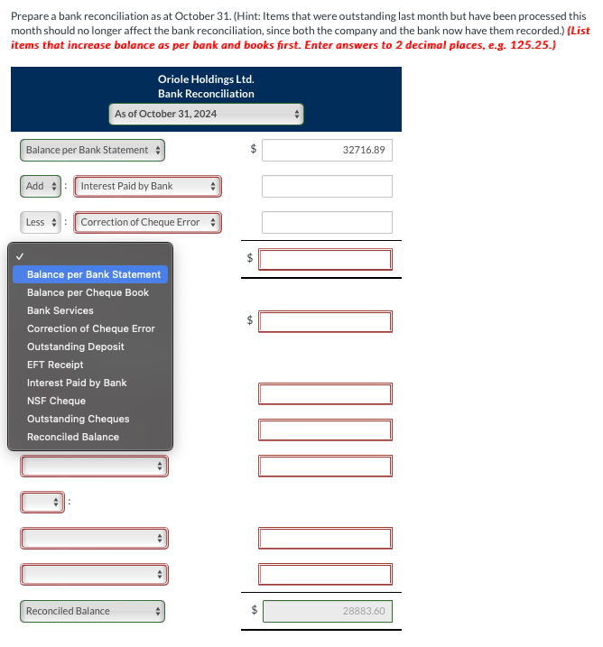 Solved Prepare a bank reconciliation as at October 31. | Chegg.com