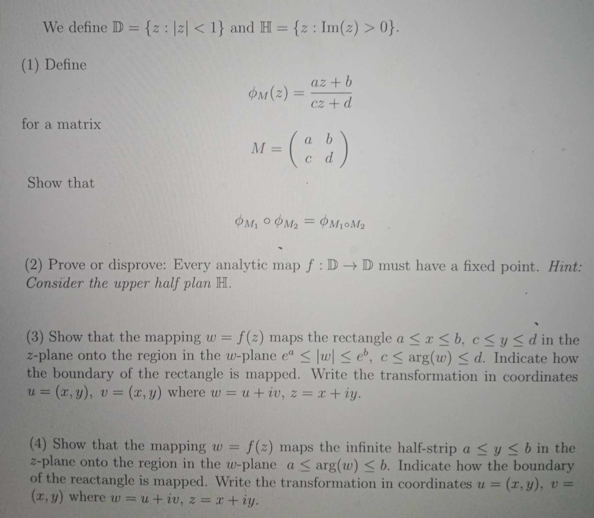 Solved We define D={z:|z| 0}.(1) | Chegg.com