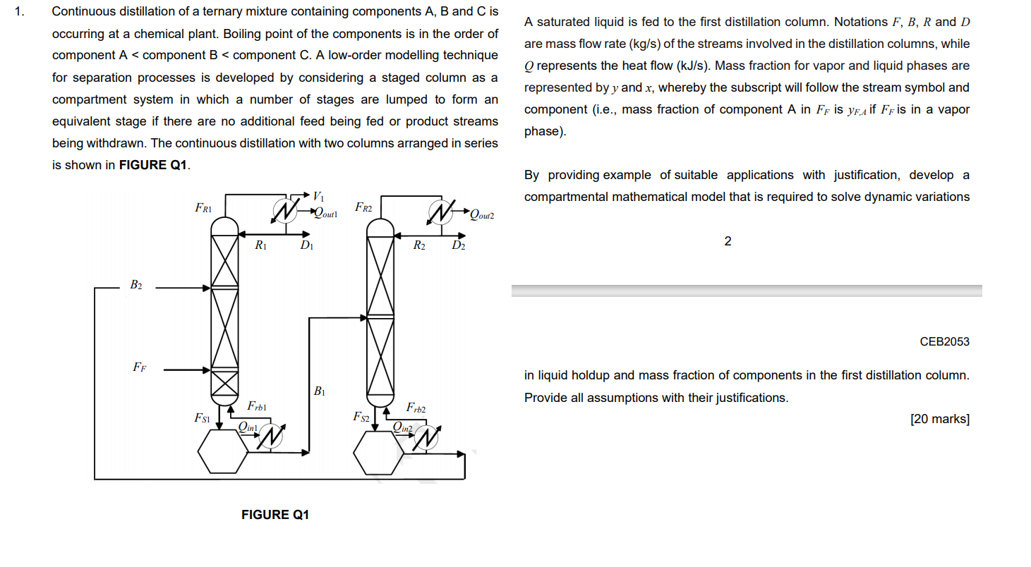 Solved 1 Continuous Distillation Of A Ternary Mixture