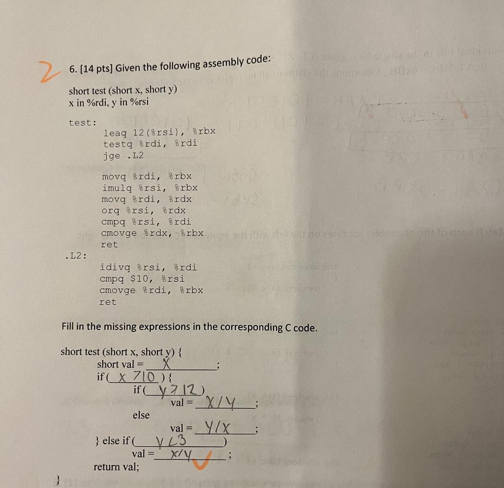 6. [14 pts] Given the following assembly code: short | Chegg.com