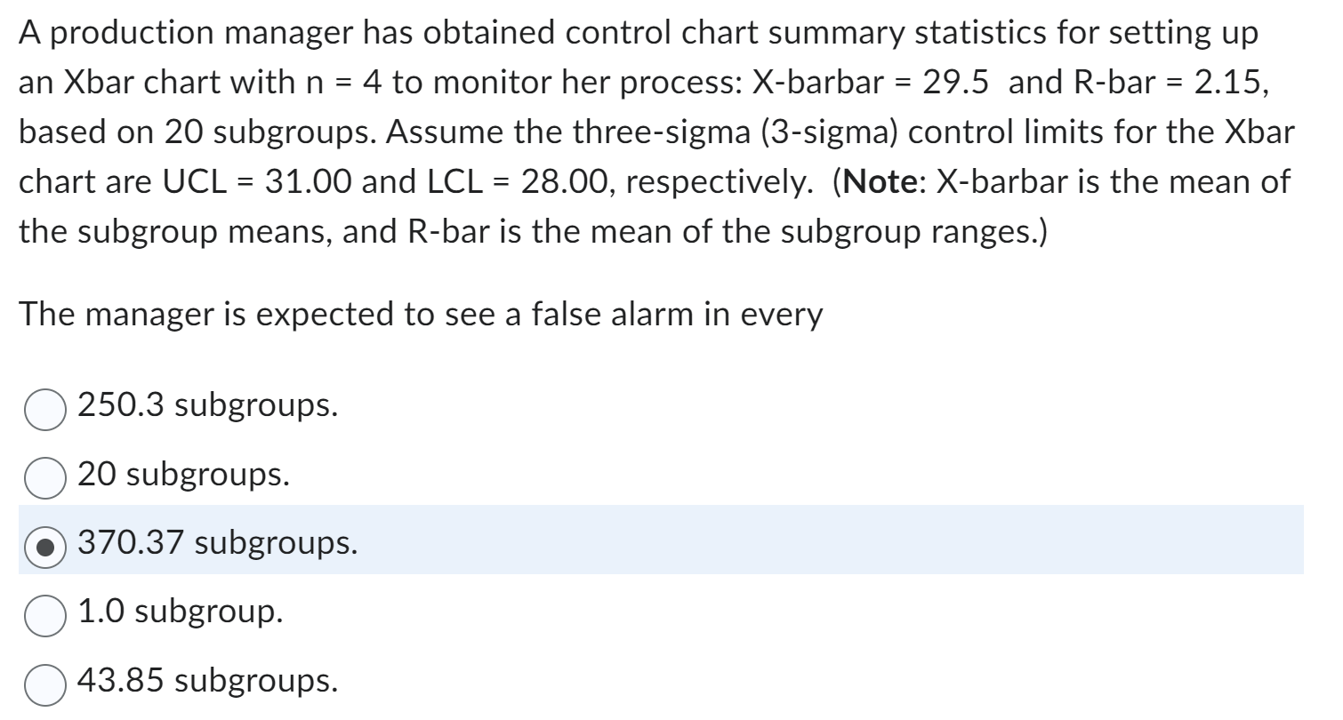 Solved A production manager has obtained control chart | Chegg.com