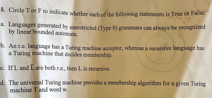 Solved 8. Circle T or F to indicate whether each of the | Chegg.com