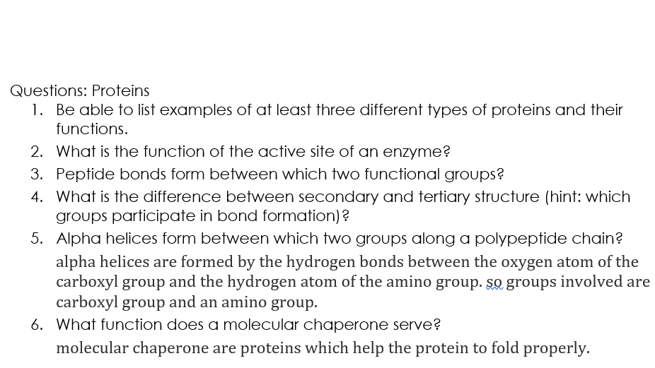 Solved Questions: Proteins 1. Be able to list examples of at | Chegg.com