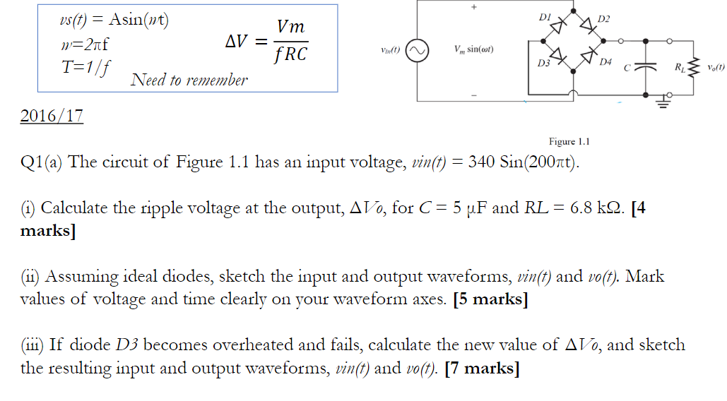 Solved vs(t)=Asin(nt)n=2πfT=1/fΔV=fRCVm Need to remember | Chegg.com