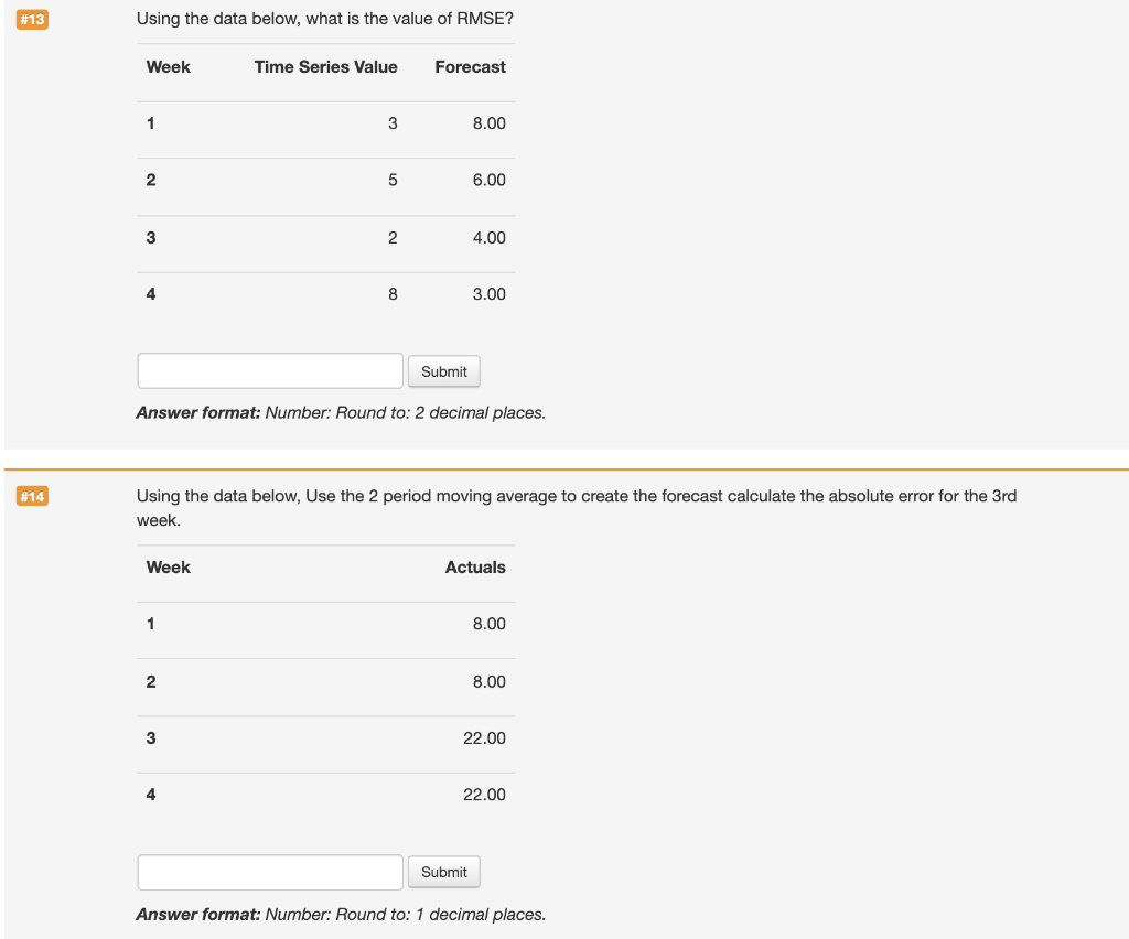Solved #13 Using the data below, what is the value of RMSE? | Chegg.com