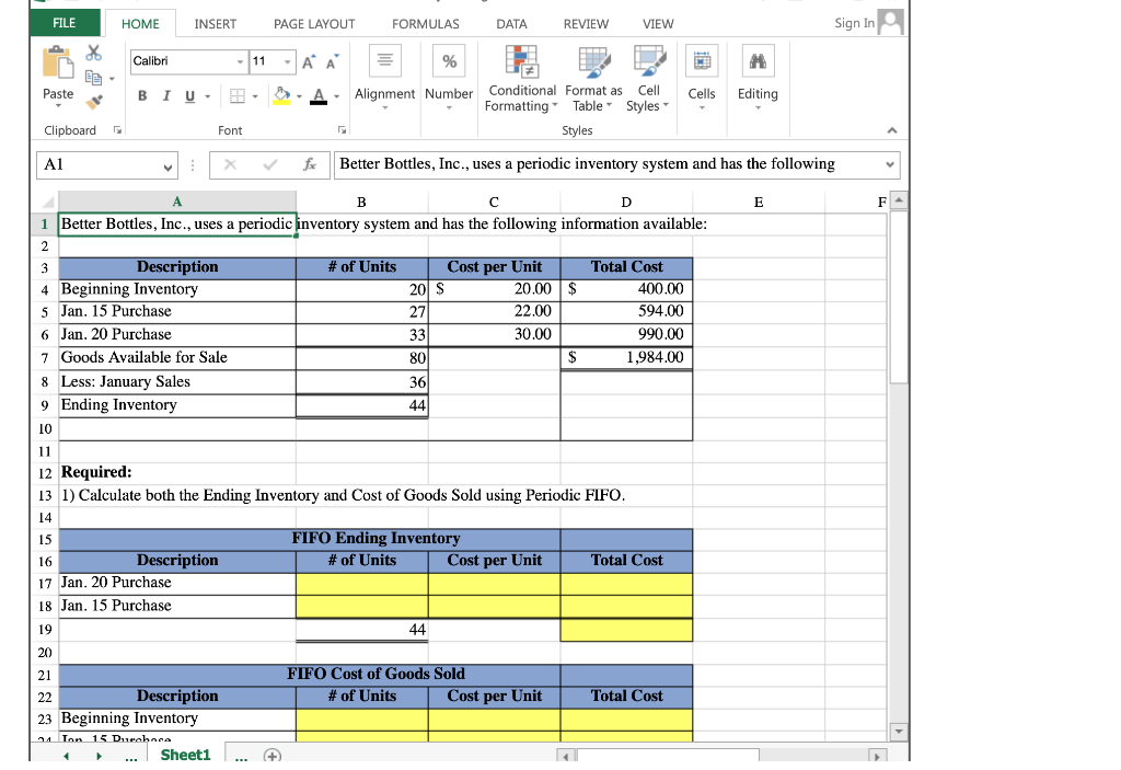 Solved Inventory Costing Methods using Excel's SUM and Basic | Chegg.com