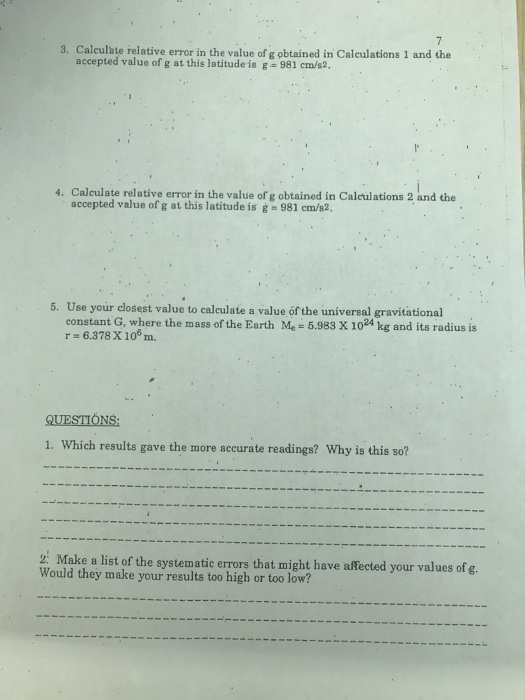 3. Calculate relative error in the value of g | Chegg.com