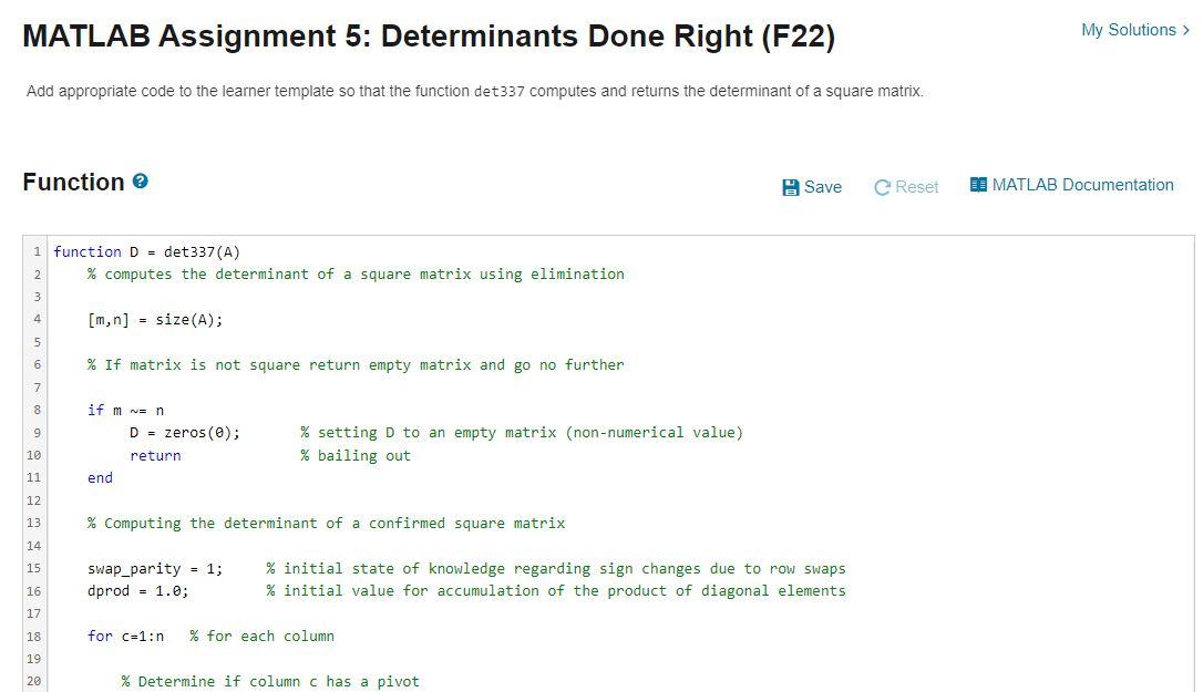 MATLAB Assignment 5: Determinants Done Right (F22) | Chegg.com