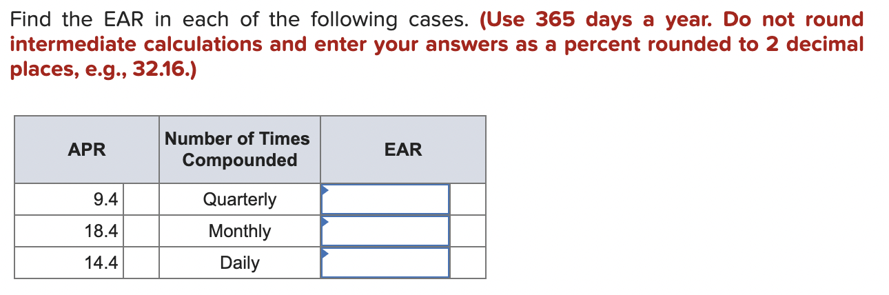 Solved Find the EAR in each of the following cases. (Use 365 | Chegg.com