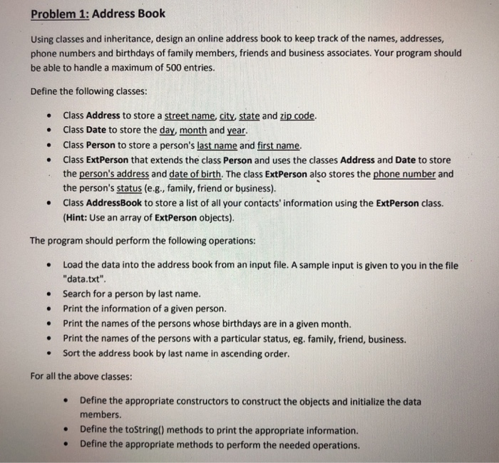Solved Problem 1: Address Book Using classes and | Chegg.com