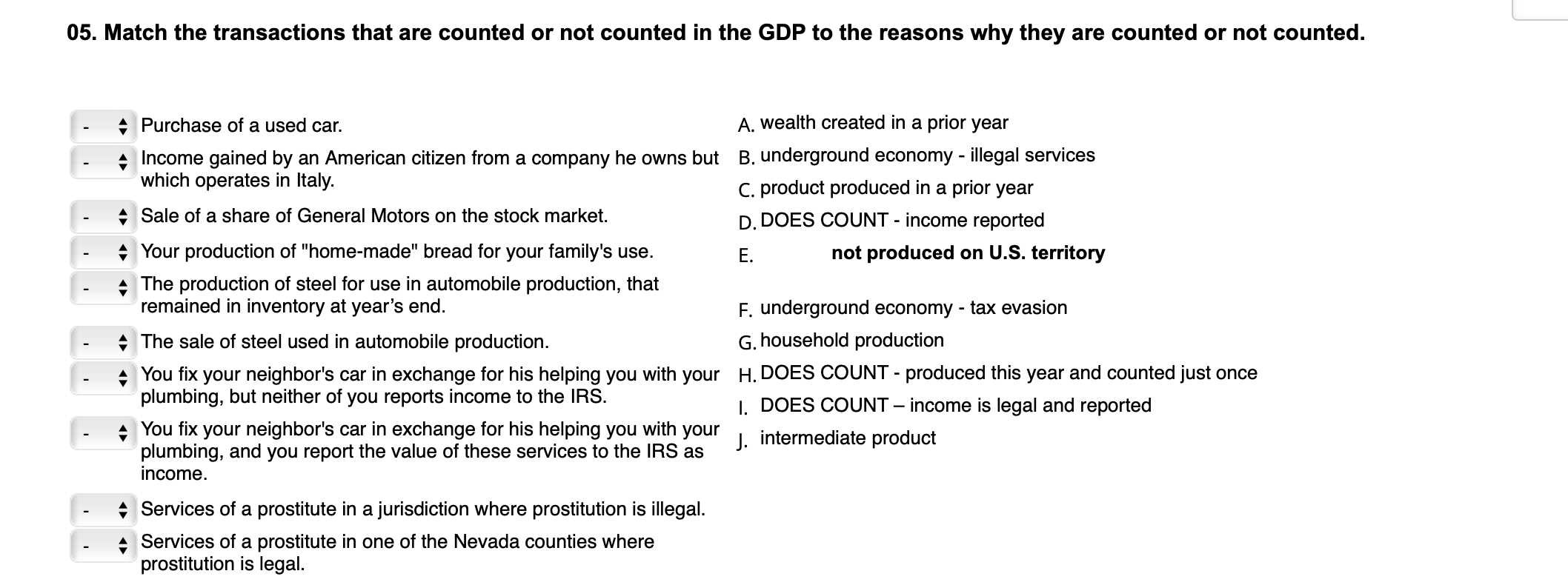 Solved 05. Match the transactions that are counted or not | Chegg.com