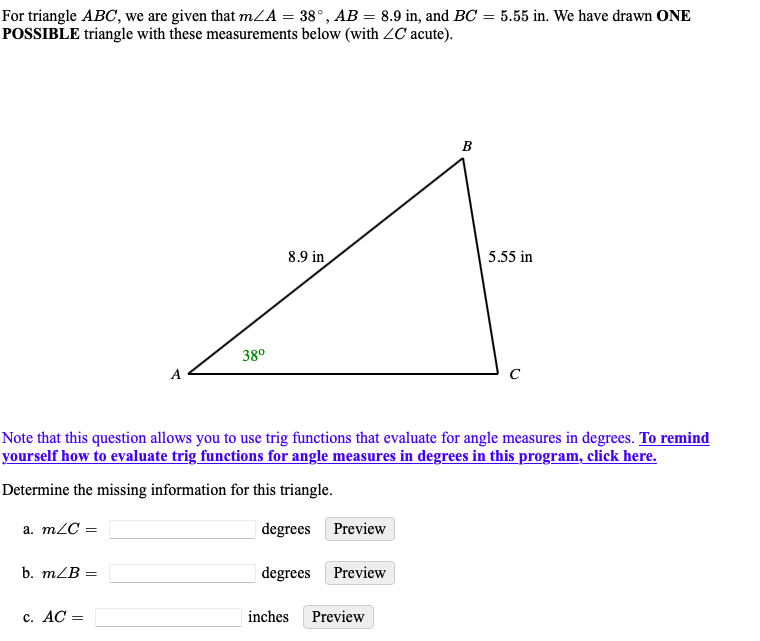 Solved For triangle ABC, we are given that m_A = 38°, AB = | Chegg.com