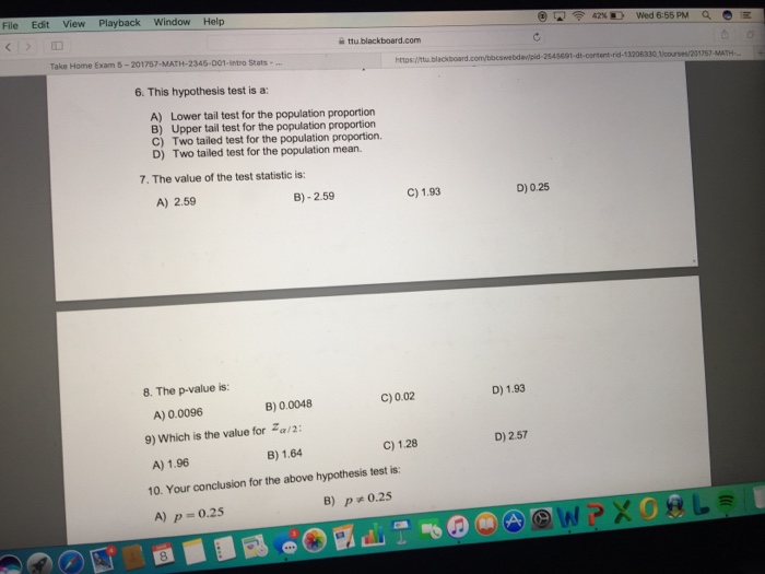 This hypothesis test is a: A) Lower tail test for | Chegg.com