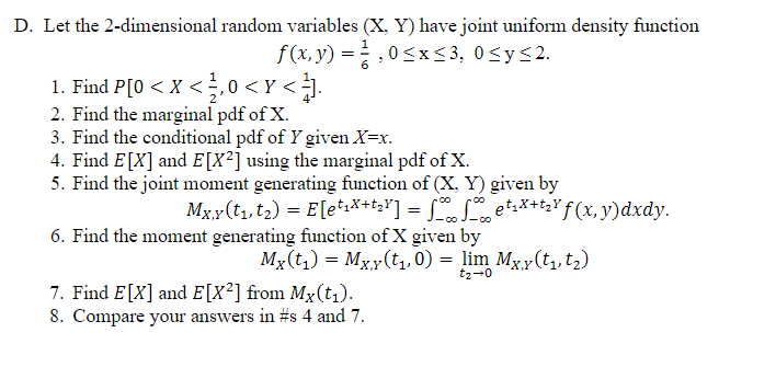 Solved D. Let the 2-dimensional random variables (X, Y) have | Chegg.com