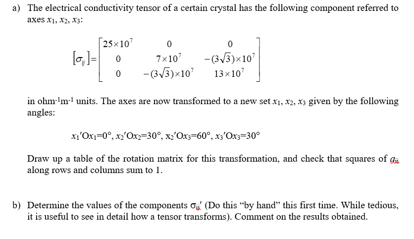 Solved The Electrical Conductivity Tensor Of A Certain