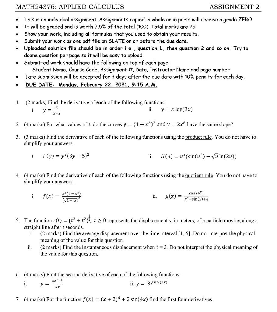 Solved MATH24376: APPLIED CALCULUS ASSIGNMENT 2 . . . . This | Chegg.com