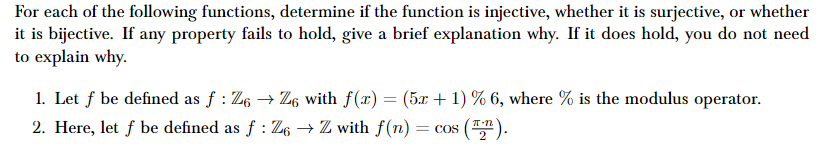 Solved For each of the following functions, determine if the | Chegg.com