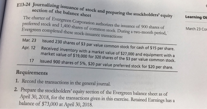 Solved E13-24 Journalizing issuance of stock and preparing | Chegg.com