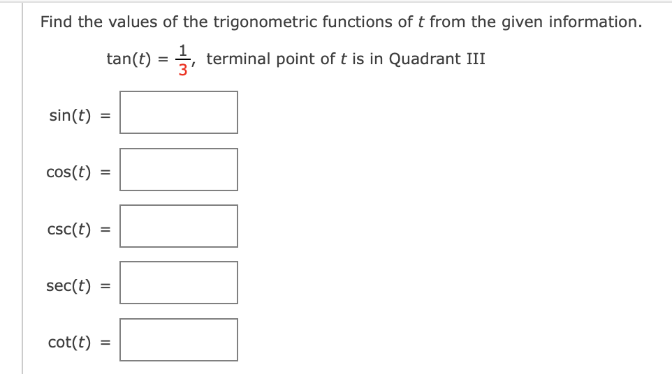 Solved Find the values of the trigonometric functions of t | Chegg.com
