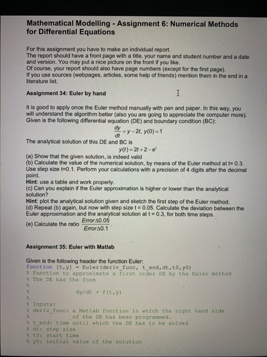 Solved Mathematical Modelling -Assignment 6: Numerical | Chegg.com