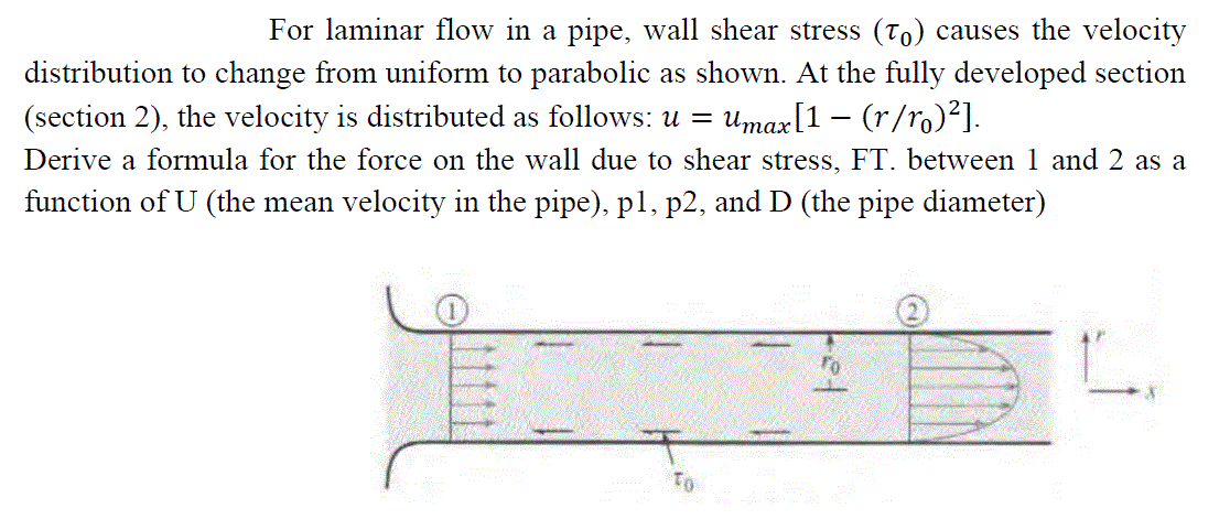 Solved For laminar flow in a pipe, wall shear stress (To) | Chegg.com