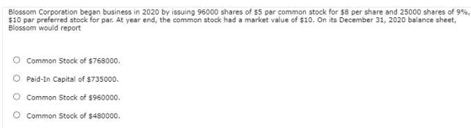 Solved Blossom Corporation began business in 2020 by issuing | Chegg.com