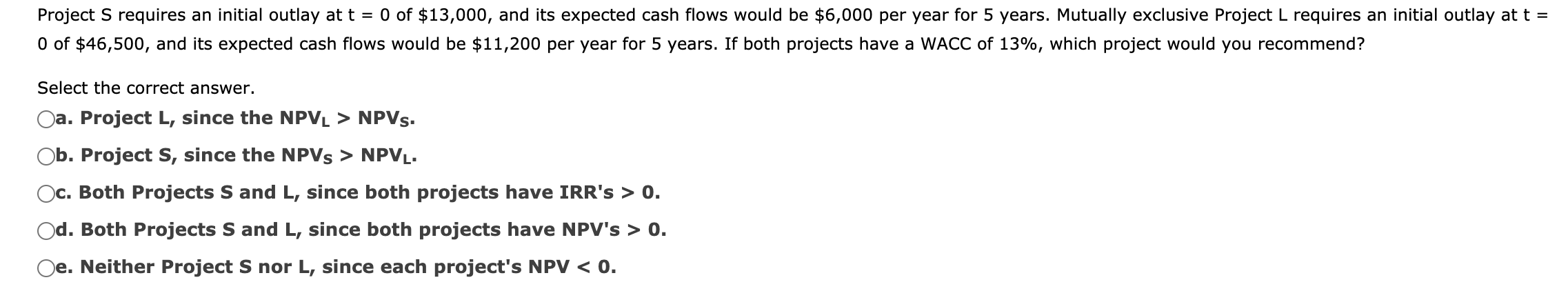 Solved Project S requires an initial outlay at t = 0 of | Chegg.com