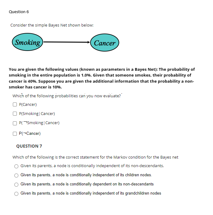 Solved Question 6 Consider the simple Bayes Net shown below: | Chegg.com