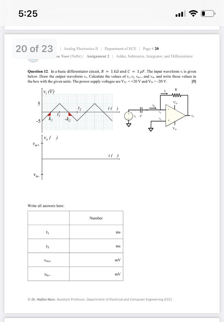 Solved Question 12. In a basic differentiator circuit, R=1kΩ | Chegg.com