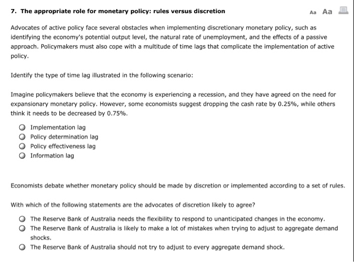 Solved 7. The appropriate role for monetary policy: rules | Chegg.com