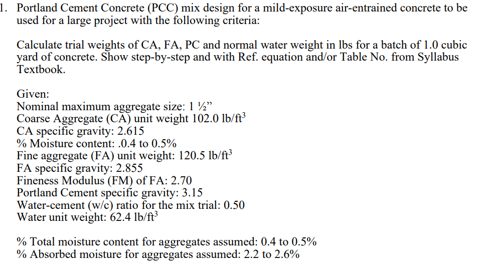 Solved Portland Cement Concrete (PCC) mix design for a | Chegg.com