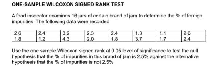 Solved ONE-SAMPLE WILCOXON SIGNED RANK TEST A food inspector | Chegg.com