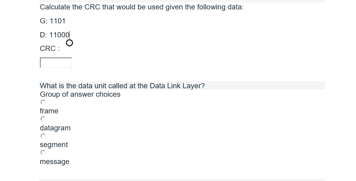 Solved Calculate the CRC that would be used given the | Chegg.com